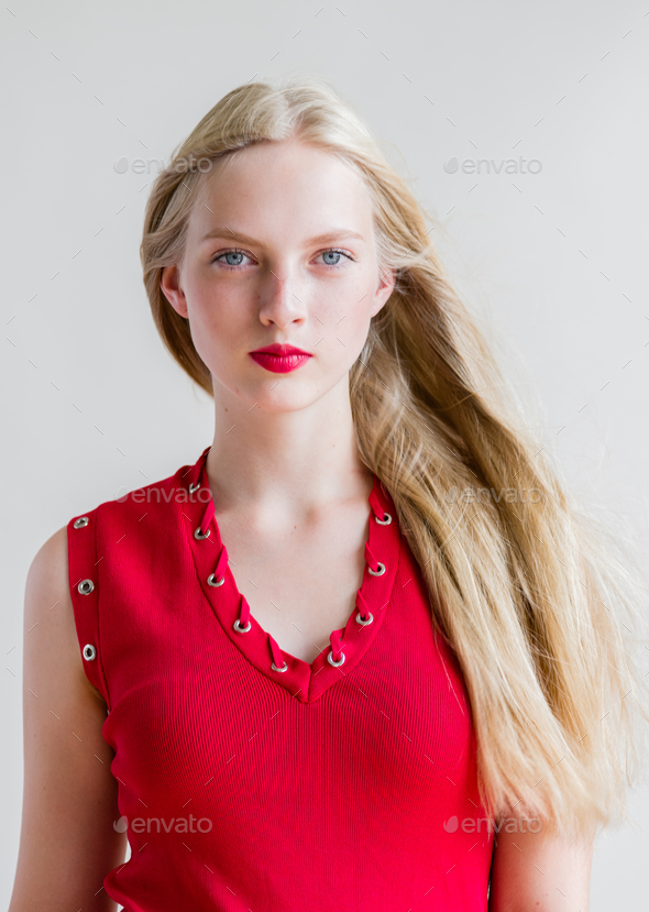 Nice Woman In Red Dress Blonde Short Hair Fashion Female Portrait Cute